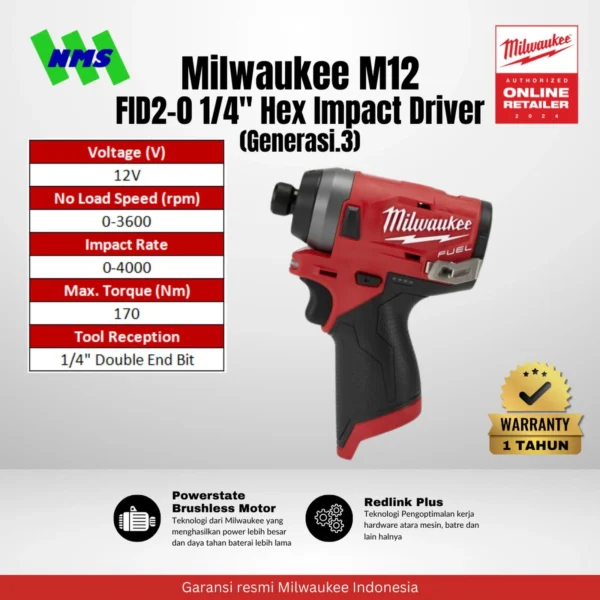 Milwaukee M12 FID2-0 1/4″ Hex Cordless - BELI DI NMSTOOLS